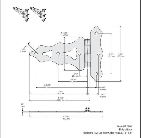 Decorative T Hinges - Black - 8 To 10 Inches - 2 Pack - Wild West Hardware